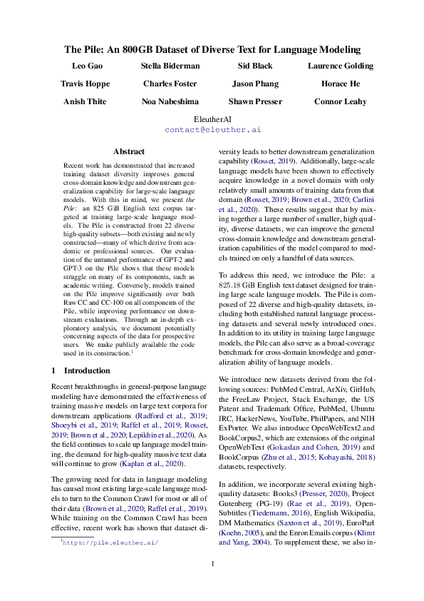 (PDF) The Pile: An 800GB Dataset of Diverse Text for Language Modeling