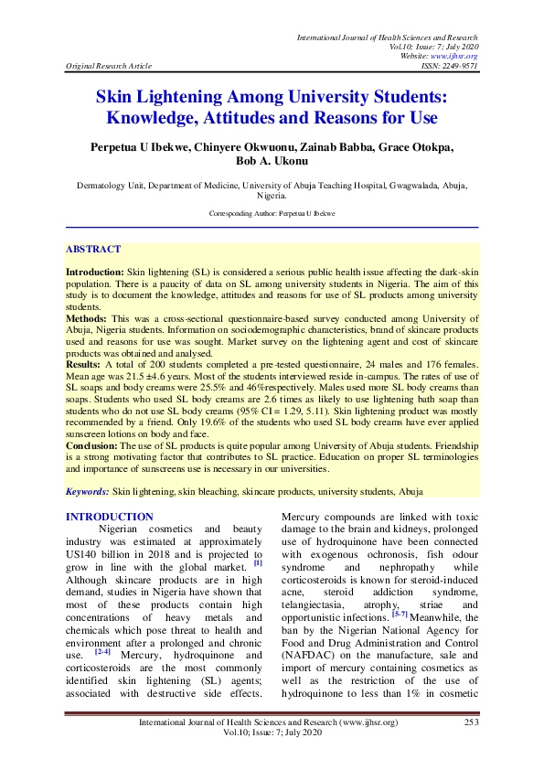 (PDF) Skin Lightening Among University Students: Knowledge, Attitudes and Reasons for Use