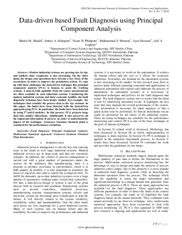 Pdf Data Driven Based Fault Diagnosis Using Principal Component Analysis