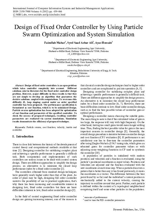 Pdf Design Of Fixed Order Controller By Using Particle Swarm Optimization And System Simulation