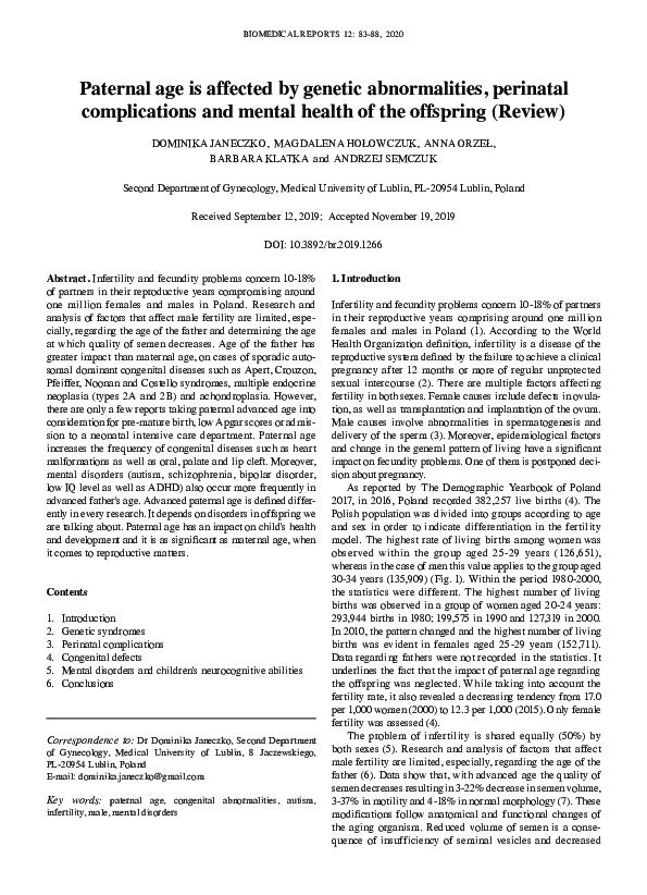 (PDF) Paternal age is affected by genetic abnormalities, perinatal ...