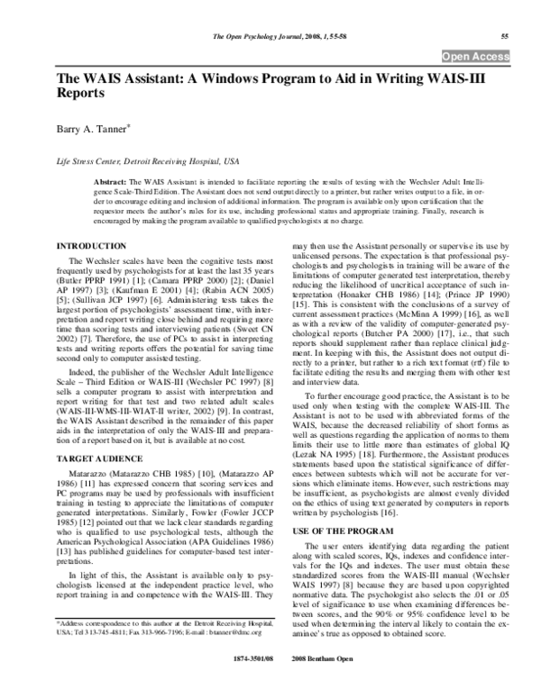(PDF) Open Access The WAIS Assistant: A Windows Program to Aid in ...