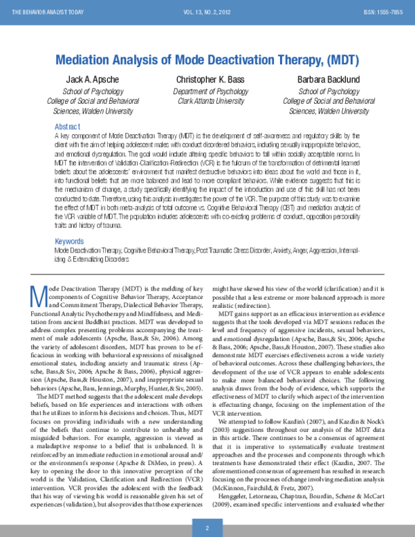 (PDF) Mediation analysis of Mode Deactivation Therapy, (MDT)