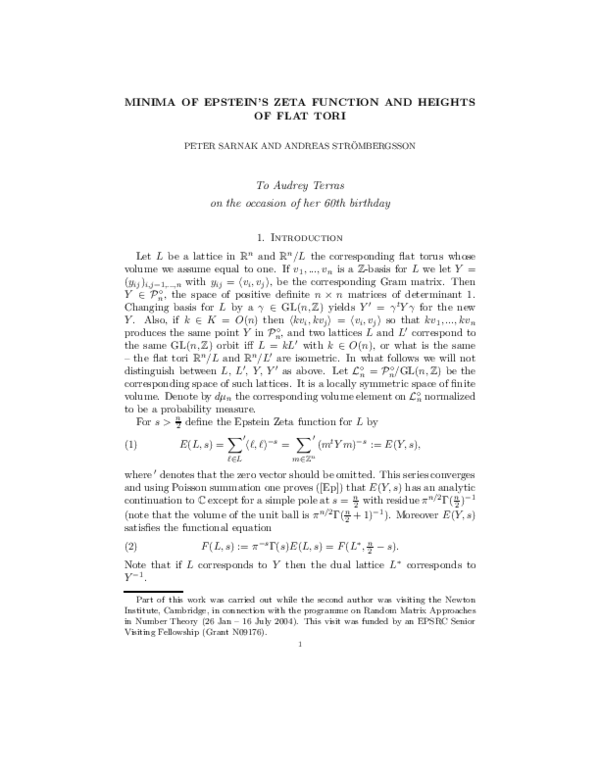 (PDF) Minima of Epstein’s Zeta function and heights of flat tori
