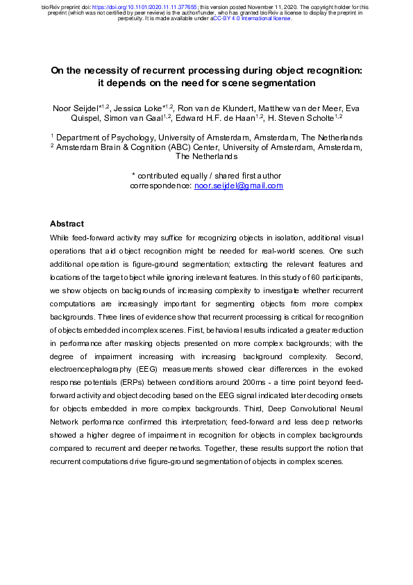 (PDF) On the Necessity of Recurrent Processing during Object Recognition: It Depends on the Need ...