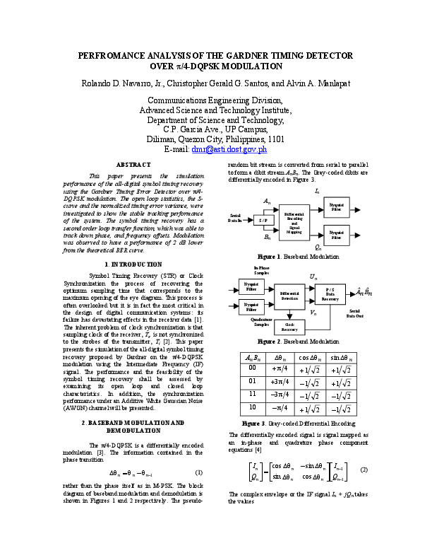 Pdf Perfromance Analysis Of The Gardner Timing Detector Over π 4