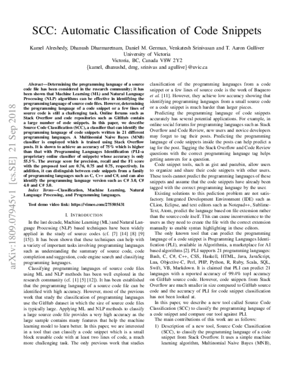 (PDF) SCC: Automatic Classification of Code Snippets