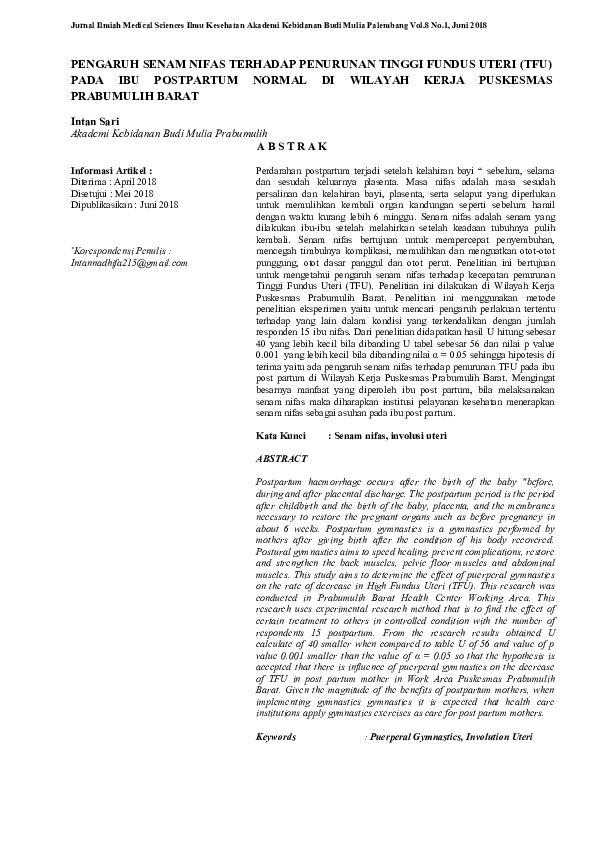 (DOC) Pengaruh Senam Nifas Terhadap Penurunan Tinggi Fundus Uteri (Tfu ...