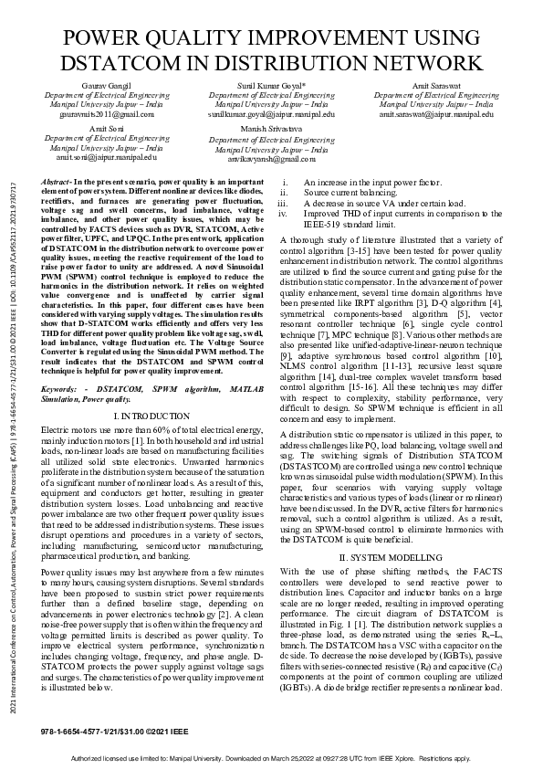 Pdf Power Quality Improvement Using Dstatcom In Distribution Network