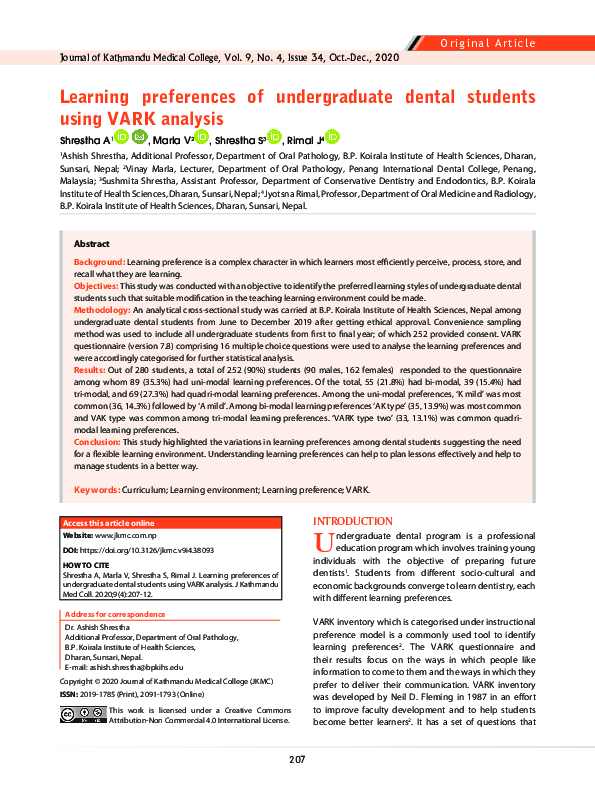 (PDF) Learning preferences of undergraduate dental students using VARK ...