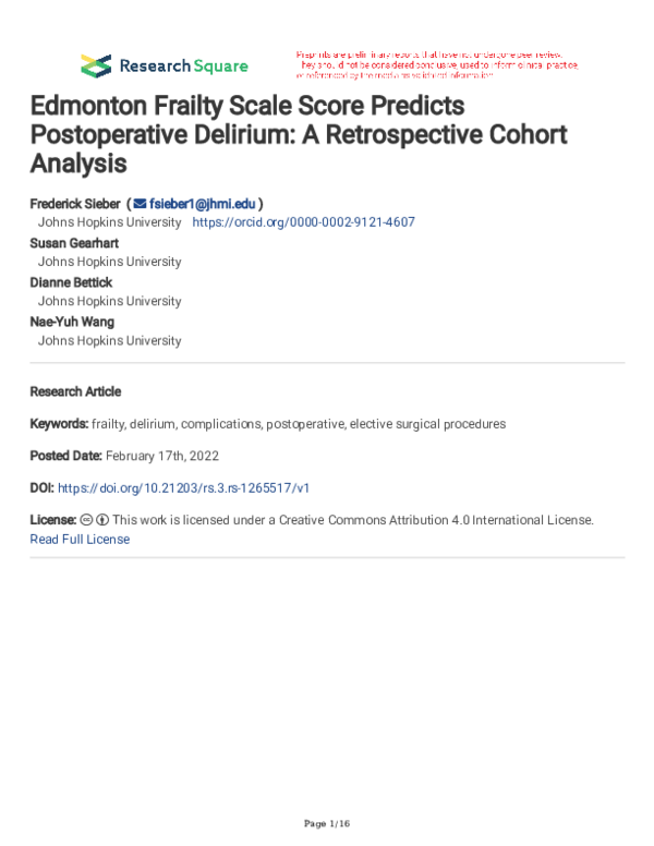 (PDF) Edmonton Frailty Scale Score Predicts Postoperative Delirium: A ...
