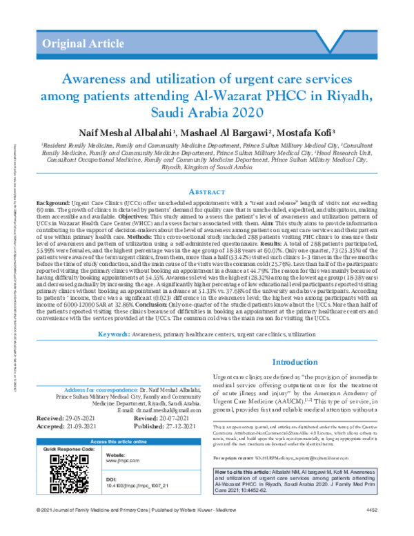 (PDF) Awareness and utilization of urgent care services among patients ...