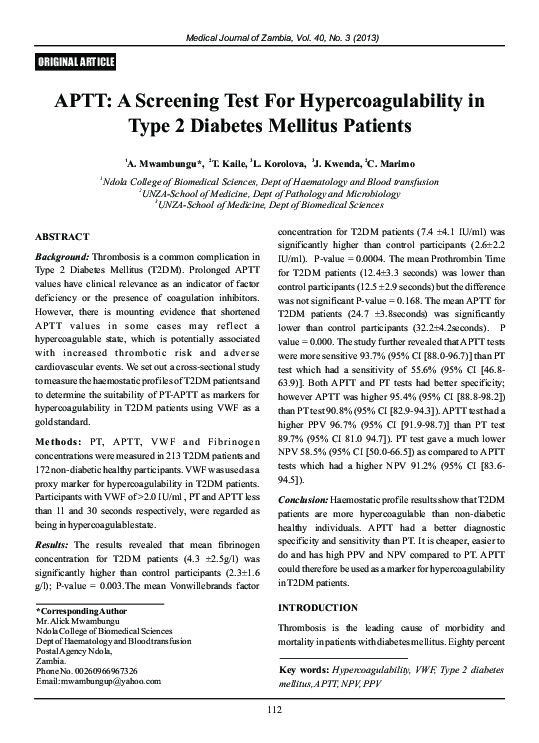 (PDF) APTT: A Screening Test For Hypercoagulability in Type 2 Diabetes ...