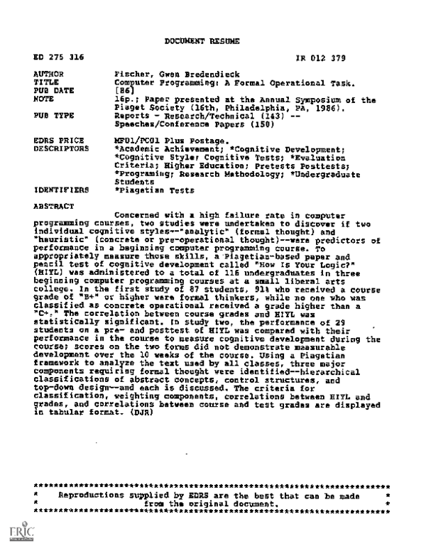 (PDF) Computer Programming : A Formal Operational Task Statement of the ... (PDF) Computer Programming : A Formal Operational Task Statement of the ...