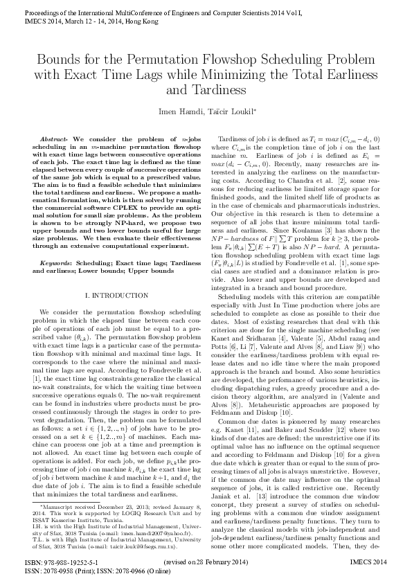Pdf Bounds For The Permutation Flowshop Scheduling Problem With Exact Time Lags While