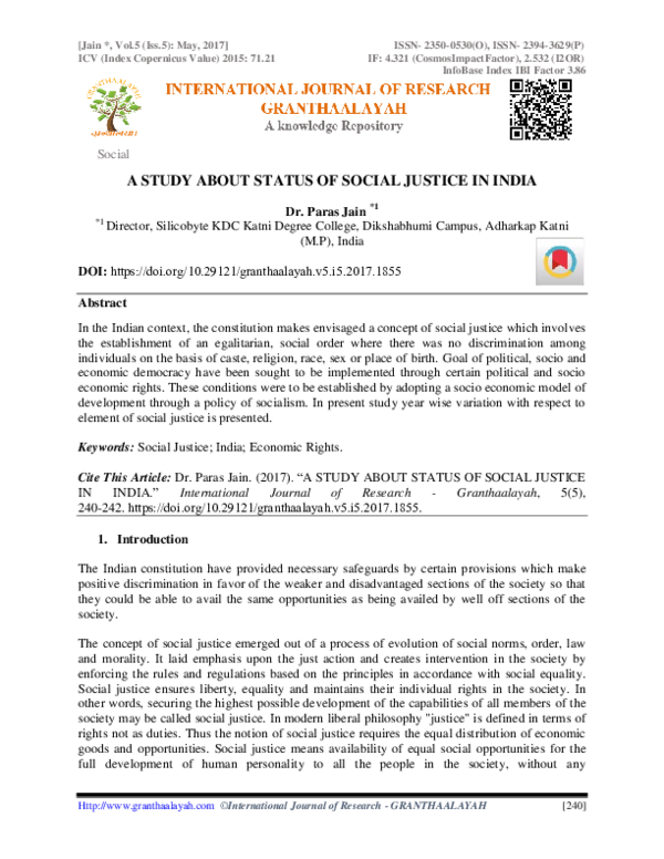(PDF) A Study About Status of Social Justice in India