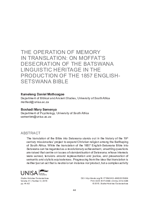 (PDF) The operation of memory in translation: on Moffat's desecration ...