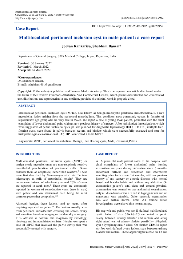 Pdf Multiloculated Peritoneal Inclusion Cyst In A Male Patient