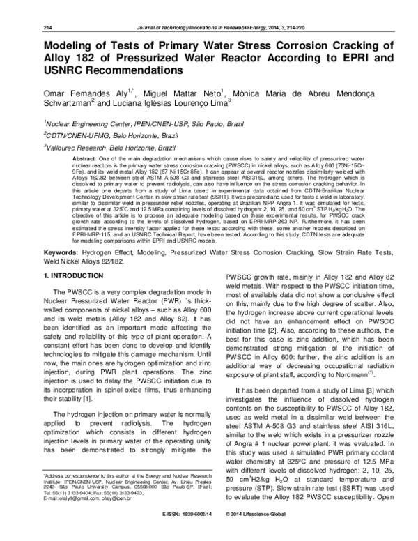 (PDF) Modeling of Tests of Primary Water Stress Corrosion Cracking of ...