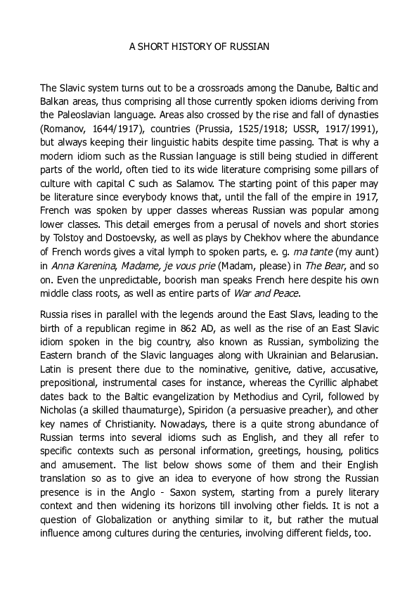 (PDF) A SHORT HISTORY OF RUSSIAN