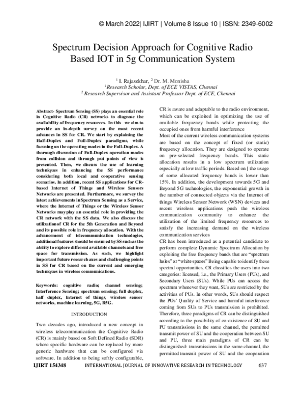 Pdf Spectrum Decision Approach For Cognitive Radio Based Iot In 5g Communication System