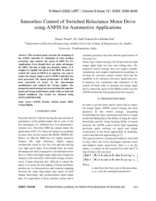 Pdf Sensorless Control Of Switched Reluctance Motor Drive Using Anfis