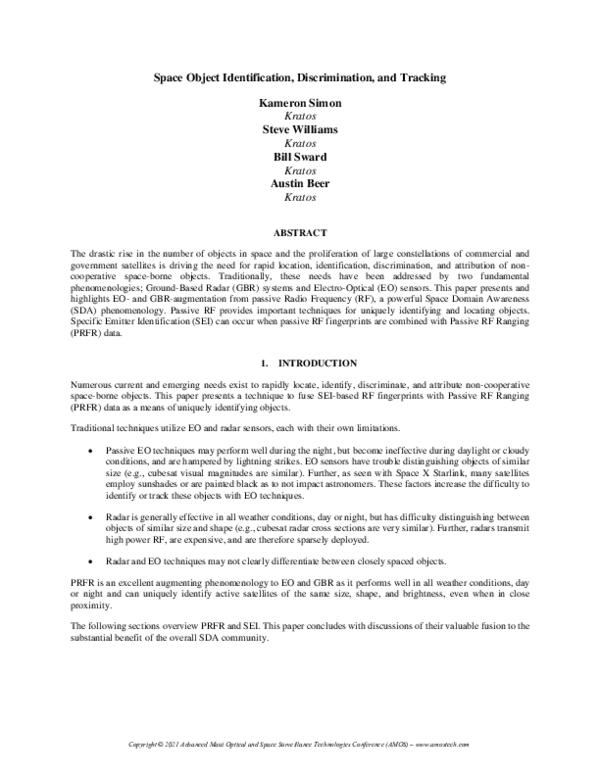 (PDF) Space Object Identification, Discrimination, and Tracking