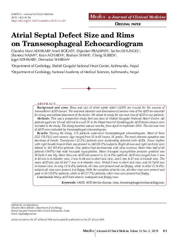 (PDF) Atrial Septal Defect Size and Rims on Transesophageal Echocardiogram