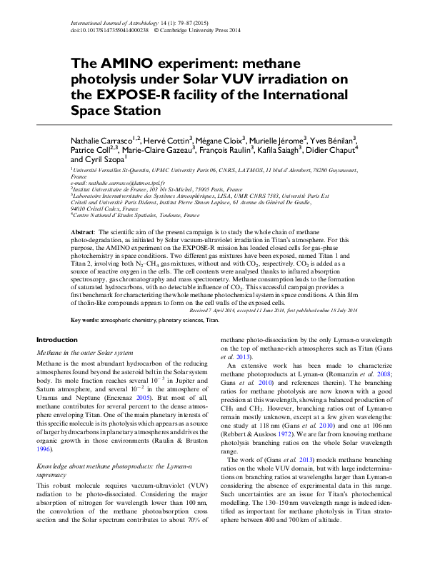 (PDF) The AMINO experiment: methane photolysis under Solar VUV ...