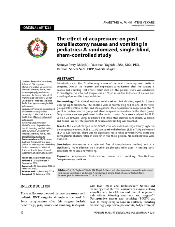 (PDF) The effect of acupressure on post tonsillectomy nausea and ...