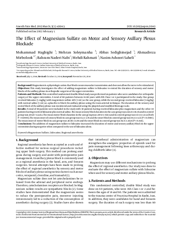 (PDF) The Effect of Magnesium Sulfate on Motor and Sensory Axillary ...