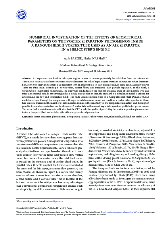 (PDF) Numerical Investigation of the Effects of Geometrical Parameters on the Vortex Separation ...