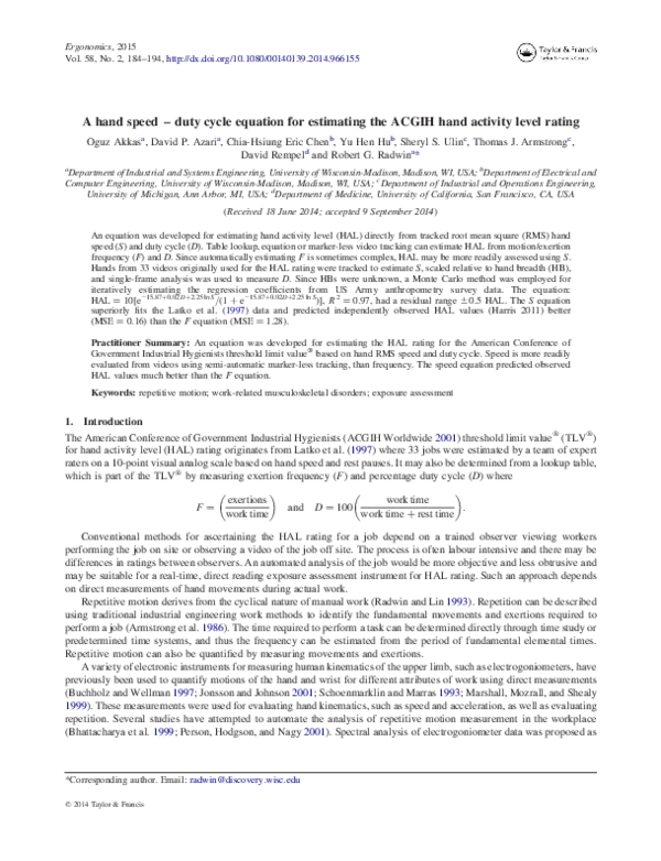(PDF) A hand speed – duty cycle equation for estimating the ACGIH hand ...
