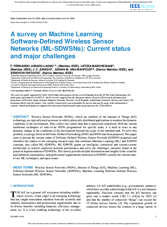 Pdf A Survey On Machine Learning Software Defined Wireless Sensor