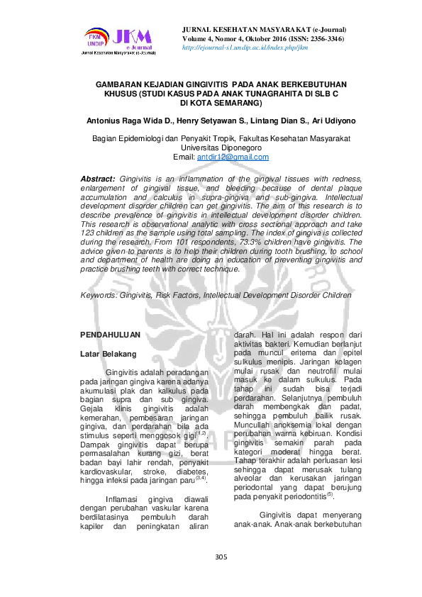 (PDF) Gambaran Kejadian Gingivitis Pada Anak Berkebutuhan Khusus (Studi Kasus Pada Anak ...