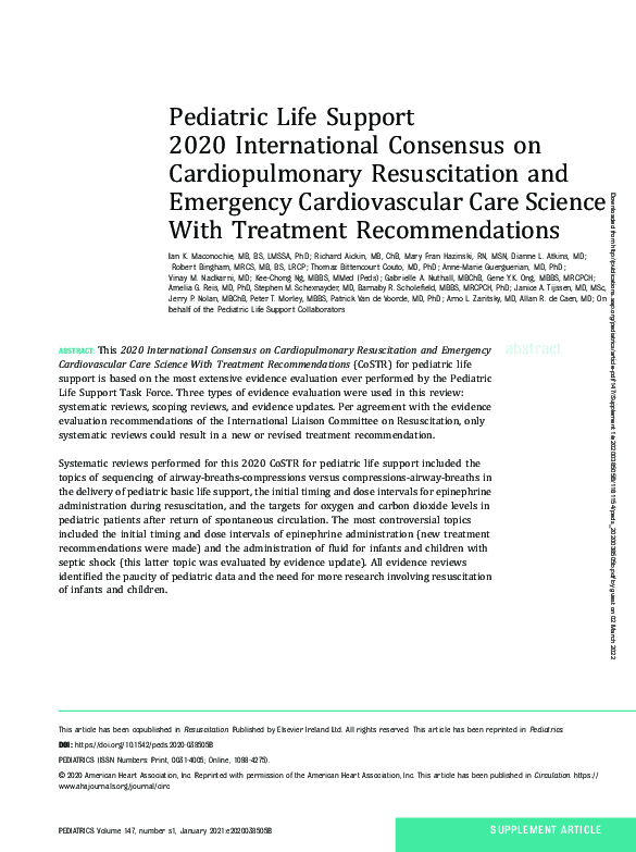 (PDF) Pediatric Life Support 2020 International Consensus on Cardiopulmonary Resuscitation and ...
