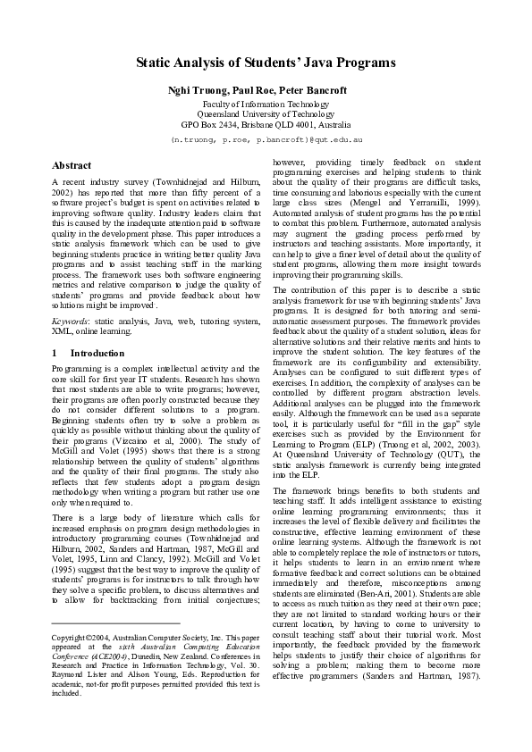 (PDF) Static Analysis of Students' Java Programs