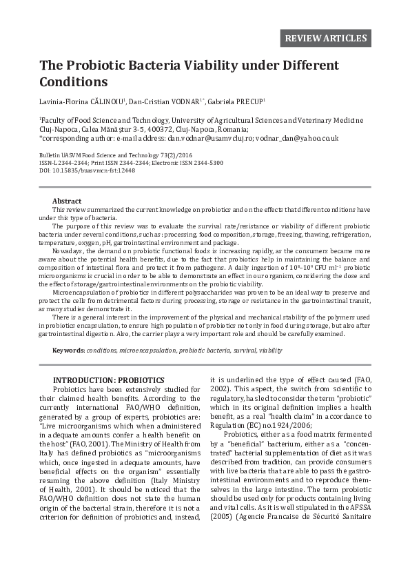 (PDF) A Review: The Probiotic Bacteria Viability under Different Conditions