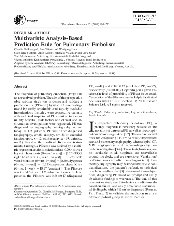 (PDF) Diagnostik der Pulmonalembolie mit leicht verfügbaren Daten ...