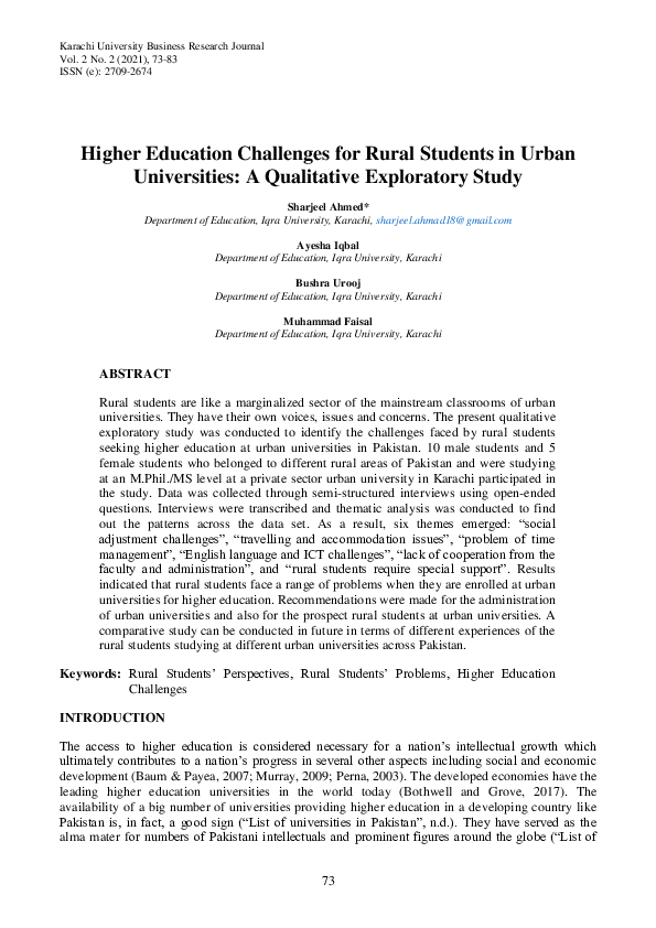 (PDF) Higher Education Challenges for Rural Students in Urban ...