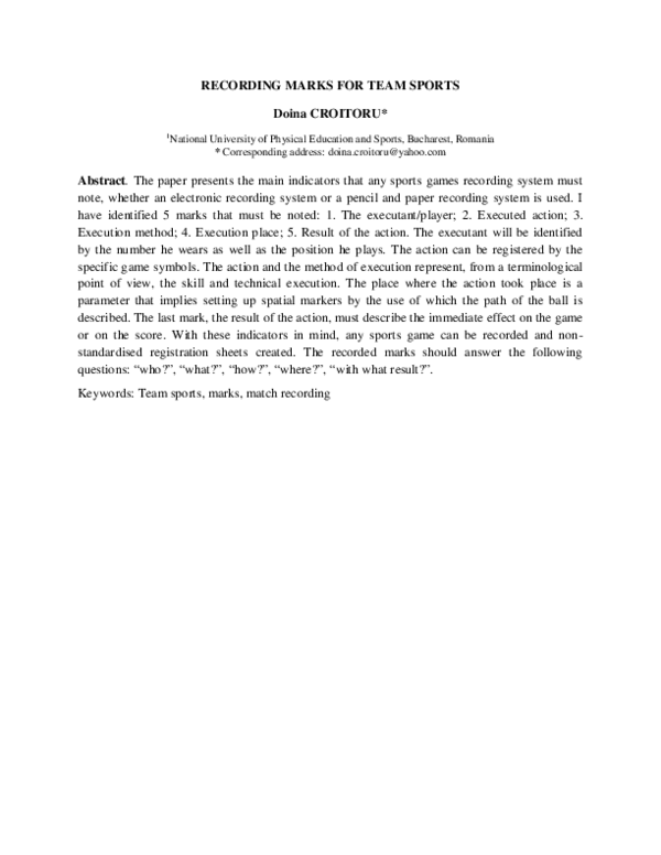 (PDF) Recording Marks for Team Sports