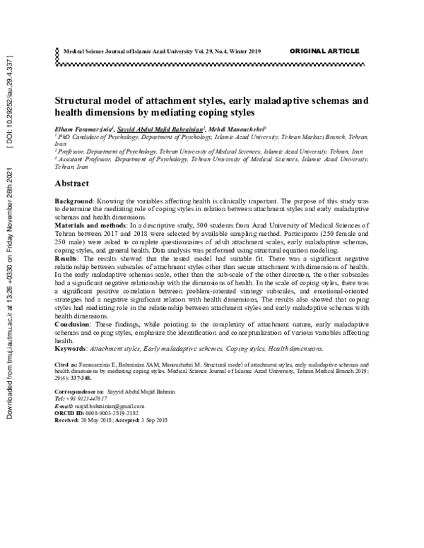 (PDF) Structural model of attachment styles, early maladaptive schemas and health dimensions by ...