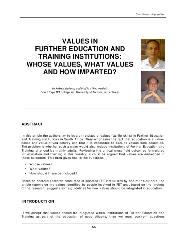 (PDF) Values in Further Education and Training institutions : whose ...