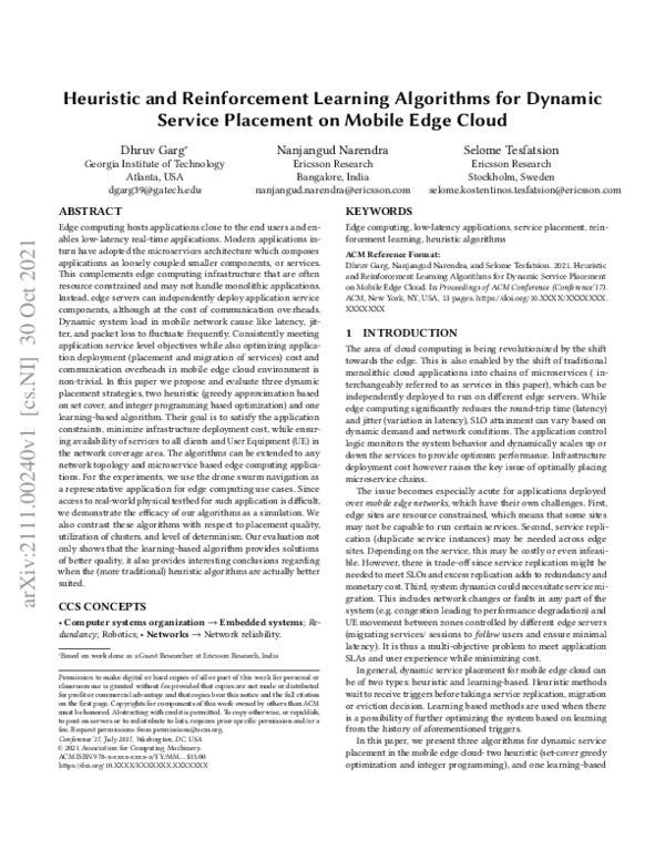 Pdf Heuristic And Reinforcement Learning Algorithms For Dynamic Service Placement On Mobile