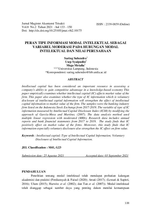 (PDF) Peran Informasi Modal Intelektual Sebagai Variabel Moderasi Pada Hubungan Antara Modal ...