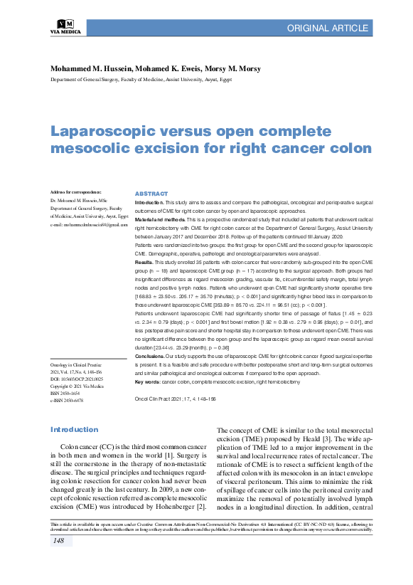 (PDF) Laparoscopic versus open complete mesocolic excision for right cancer colon