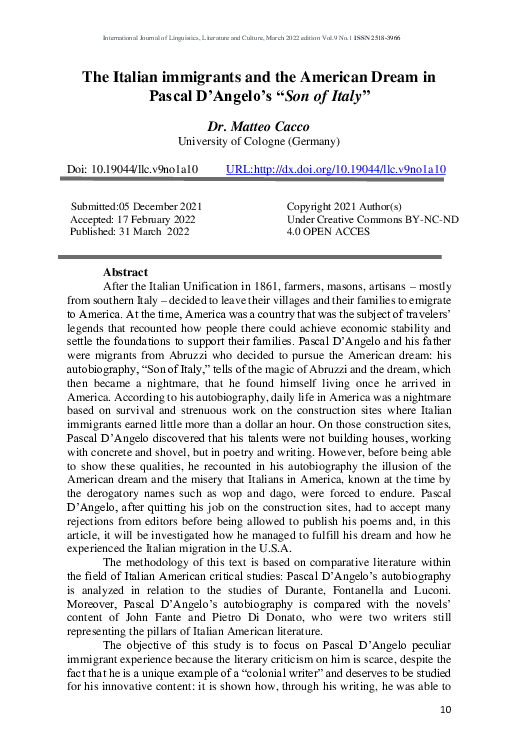 (PDF) The Italian immigrants and the American Dream in Pascal D'Angelo ...