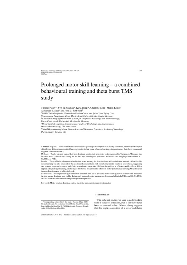 (PDF) Prolonged motor skill learning--a combined behavioural training ...