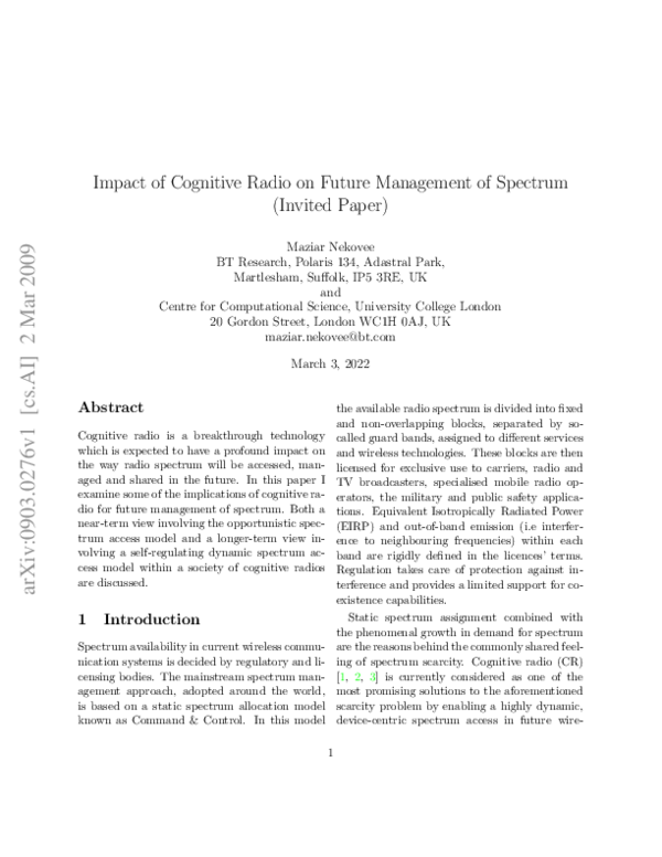 (PDF) Impact of cognitive radio on future management of spectrum
