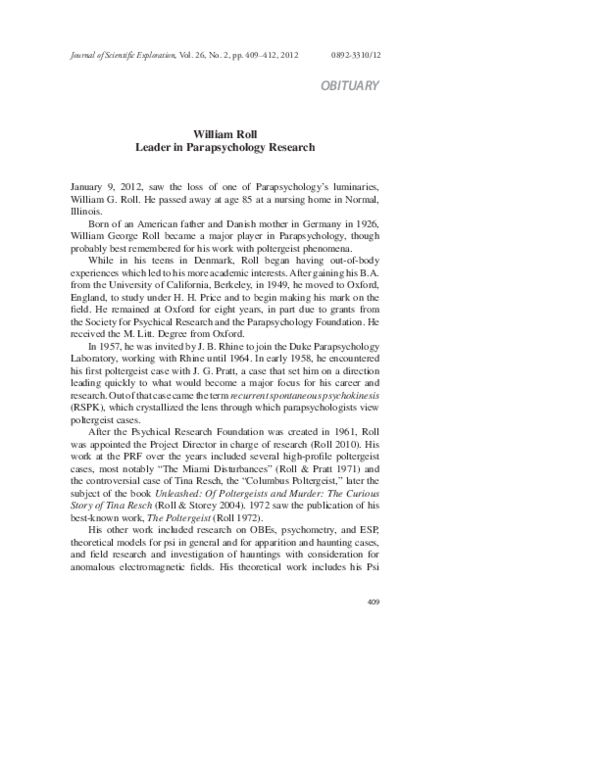 (PDF) William Roll, Leader in Parapsychology Research